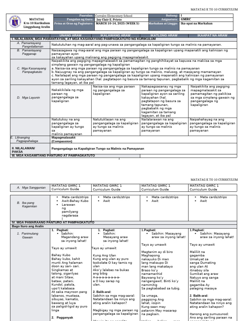 DLL Matatag - GMRC 1 - Q4 - W5 | PDF