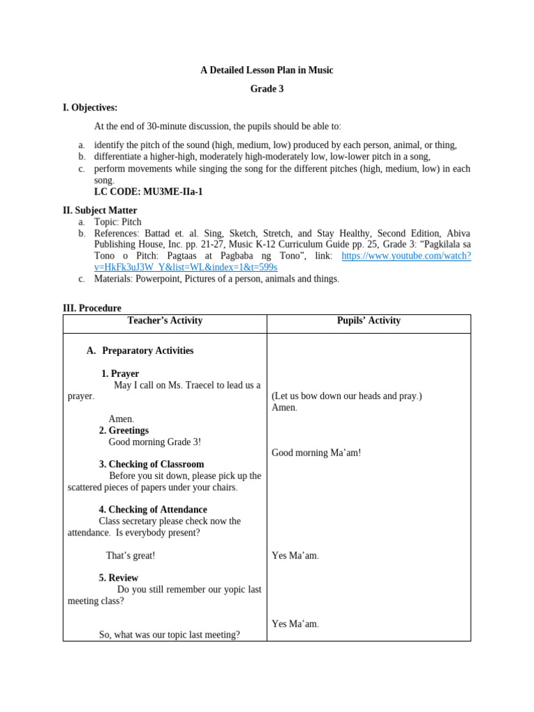 Grade 3 Music Lesson Plan on Pitch | PDF | Pitch (Music) | Sound