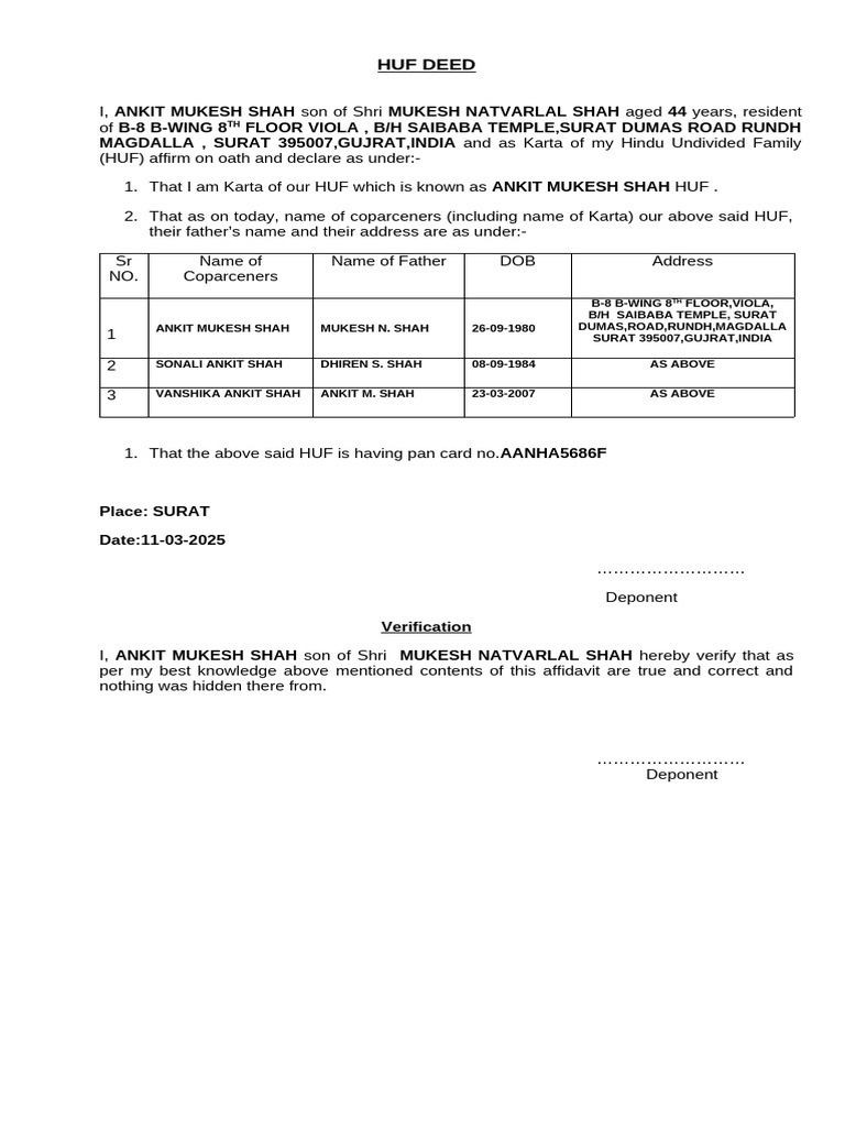 ANKIT MUKESH SHAH HUF Creation Deed Declaration by Karta | PDF