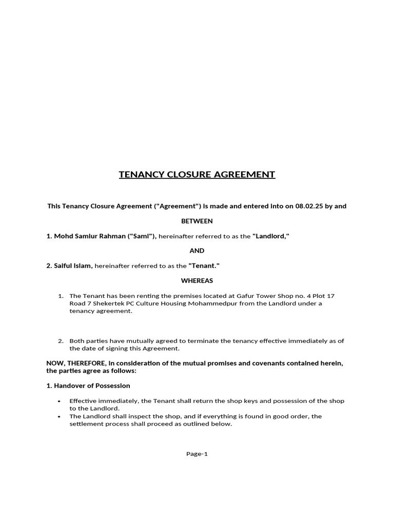 Saiful Tenancy Closure Agreement | PDF | Leasehold Estate | Lease