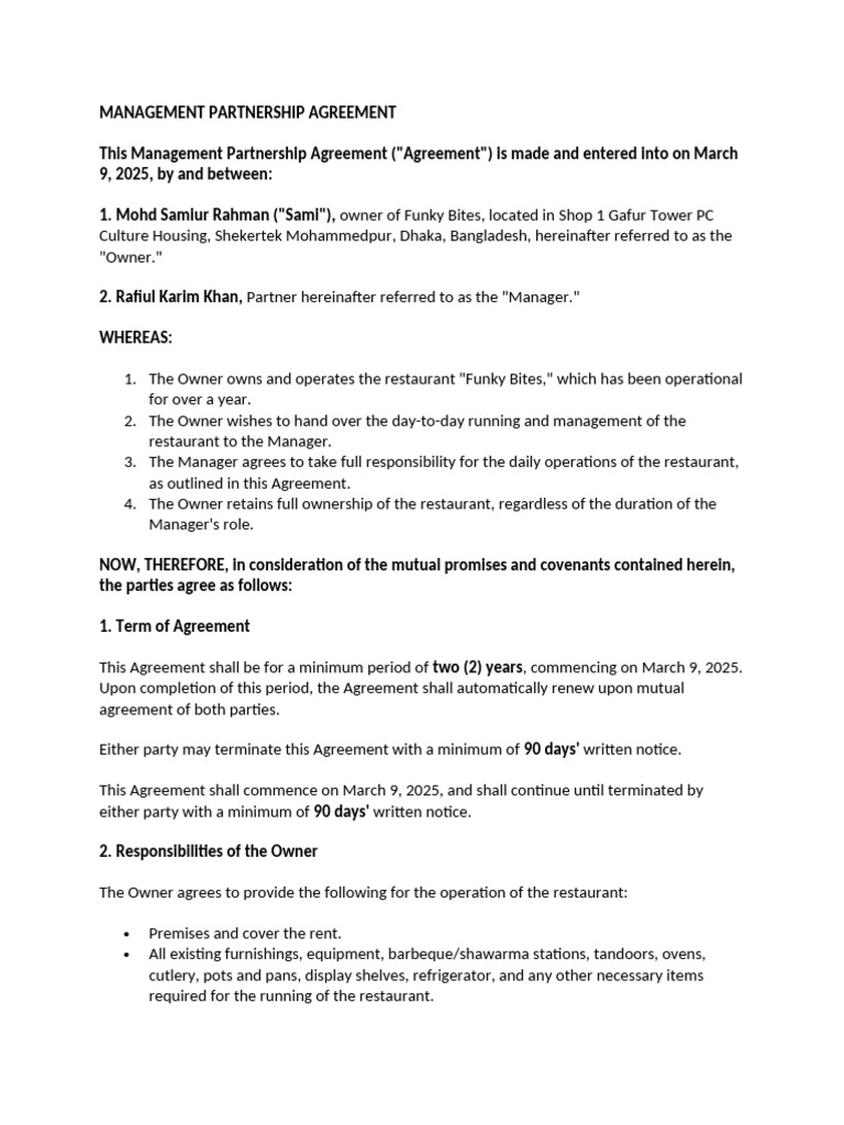 Funky Bites Management Agreement | PDF | Expense | Business
