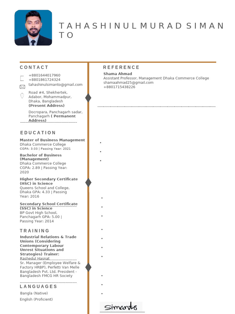 Resume of Tahashinul Murad Simanto-2 | PDF | Human Resources | Employee Relations