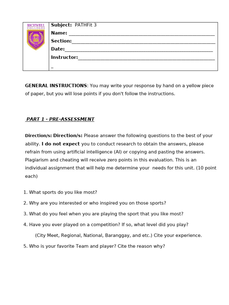 BECED 2-1 - PATHFit 4 - PRE-ASSESSMENT | PDF