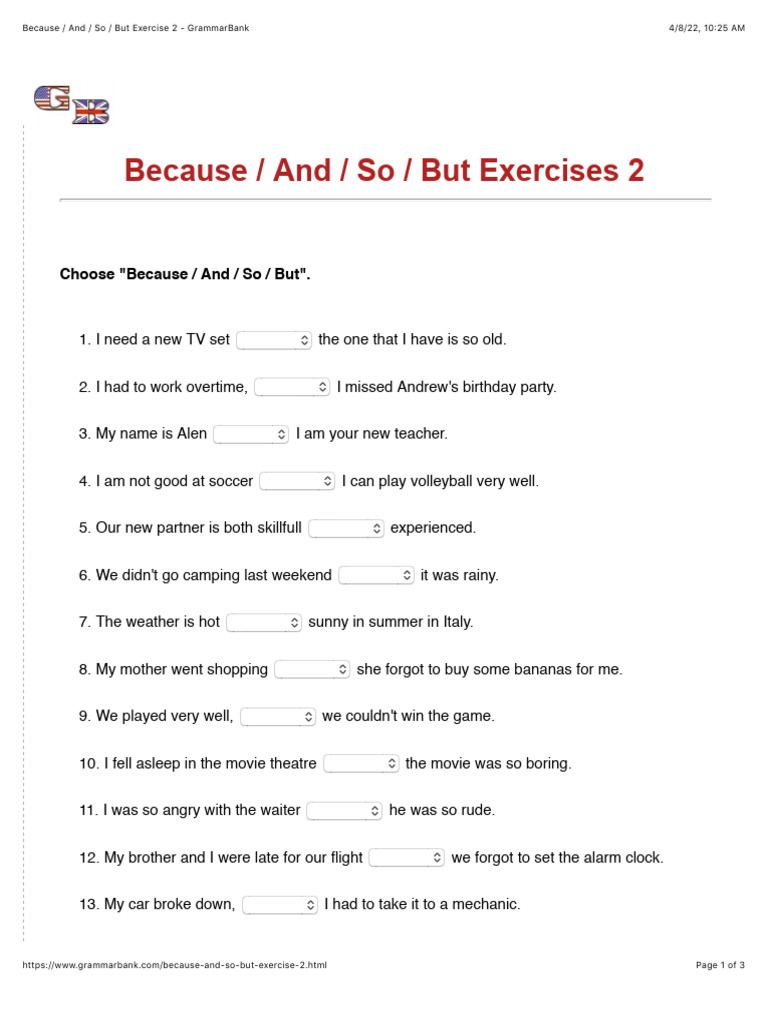 Because: And: So: But Exercise 2 - GrammarBank | PDF