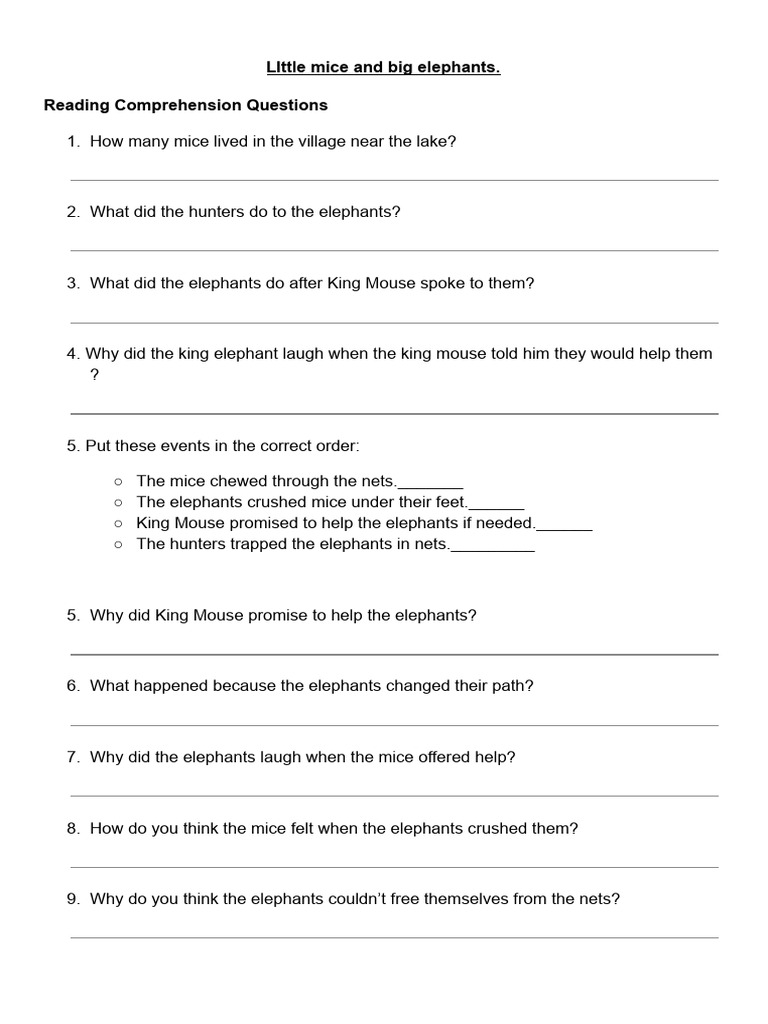 Mice and Elephants Reading Comprehension | PDF | Language Mechanics ...