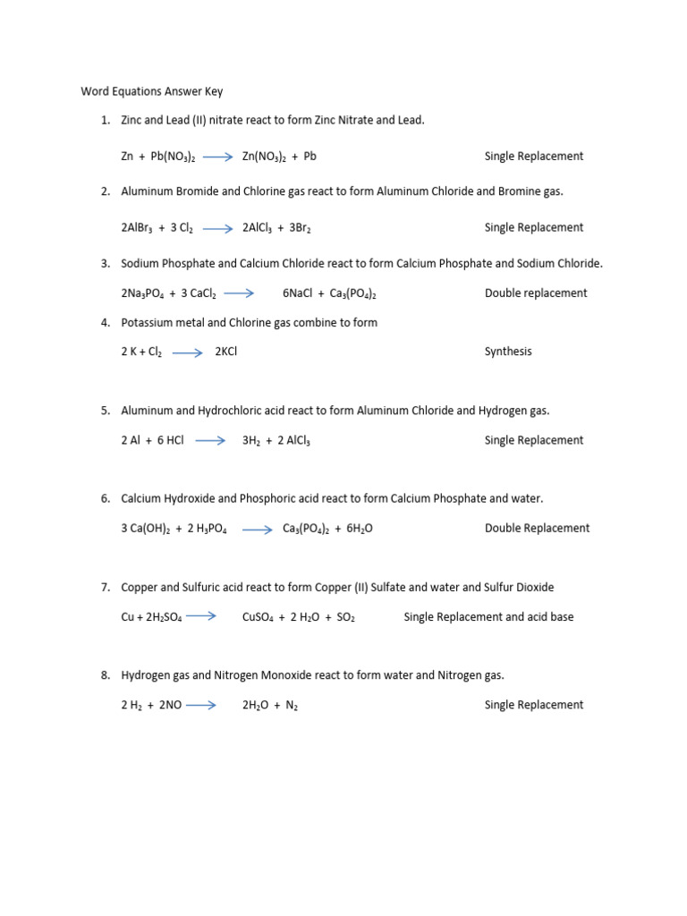Word Equations Answer Key Solutions | PDF | Chlorine | Hydroxide