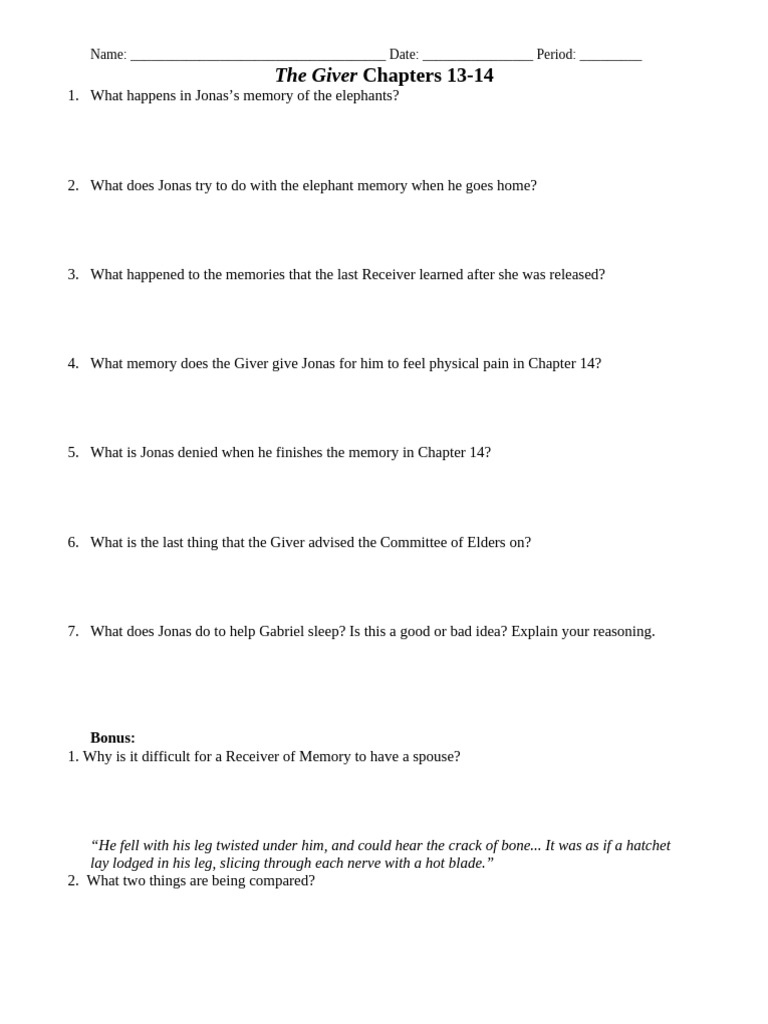 The Giver: Chapters 13-14 | PDF
