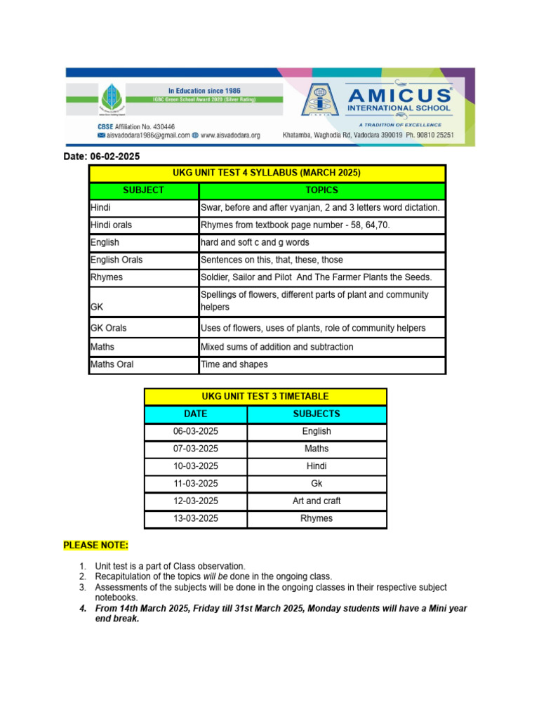 MARCH 2025 UKG SYLLABUS & UNIT TEST 4 TIMETABLE(1) | PDF