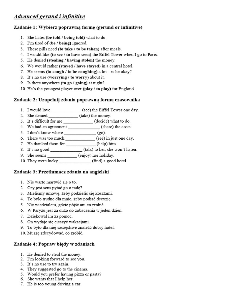 Advanced Gerunds and Infinitives Exercises | PDF