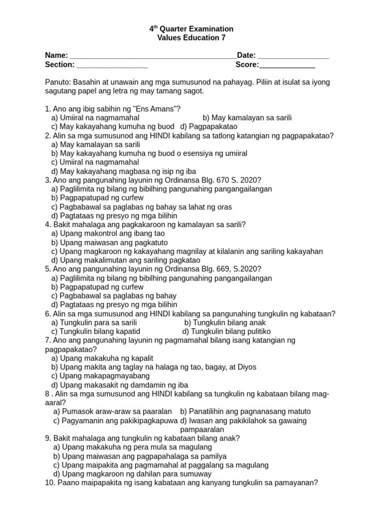 4th Quarter Examination Esp | PDF
