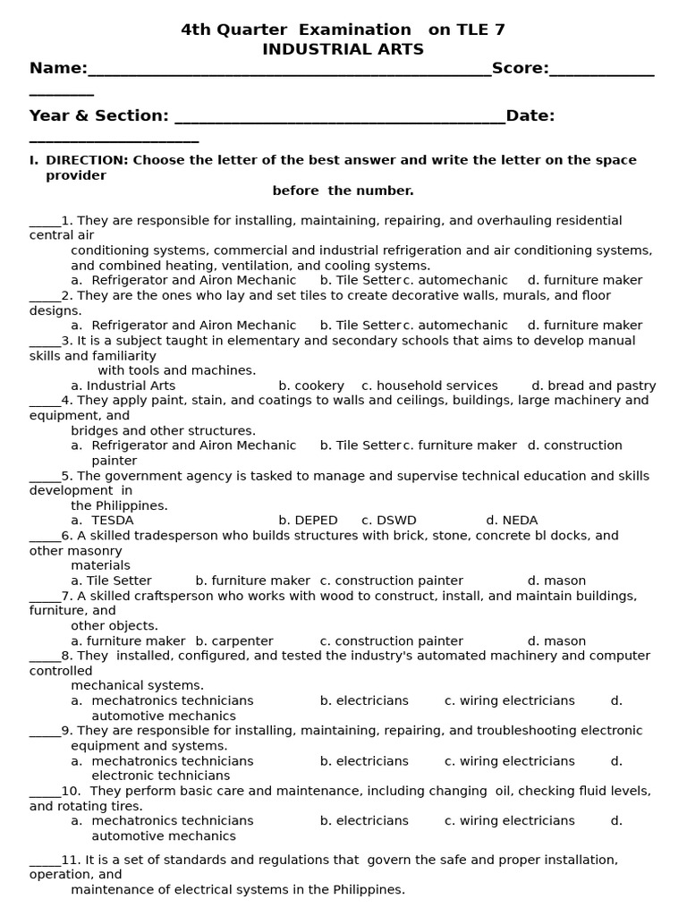 4th Quarter Examination On TLE 7 | PDF | Rivet | Electrician