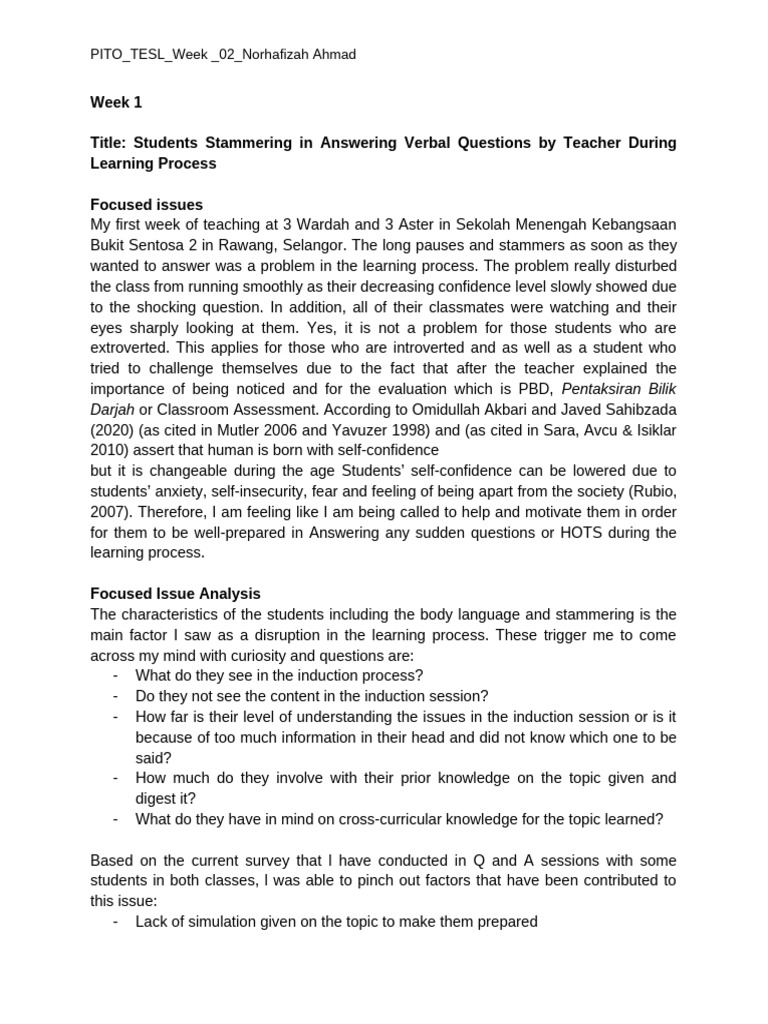 Week 1 - Journal - Title - Students Stammering in Answering Verbal ...