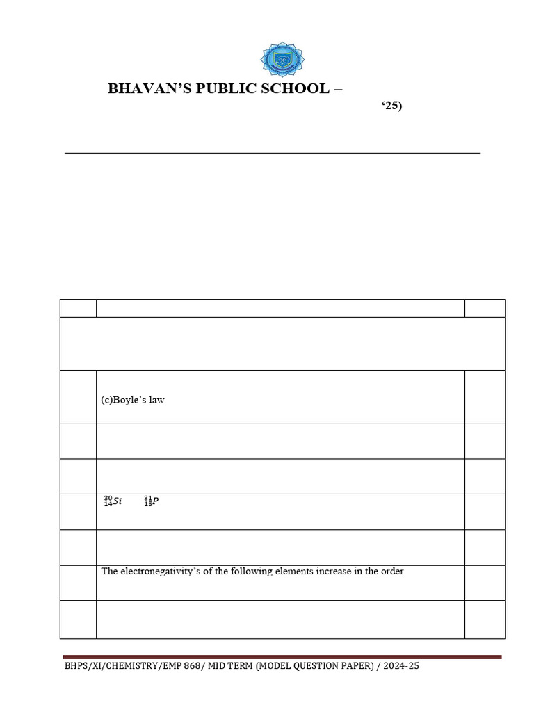 Class Xi Chemistry Midterm Model QP 2024-25 | PDF | Chemical Bond | Redox