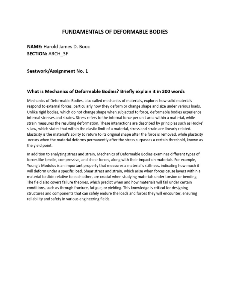 FDB Seatwork-Assignment No. 1 | PDF | Deformation (Engineering) | Stress (Mechanics)