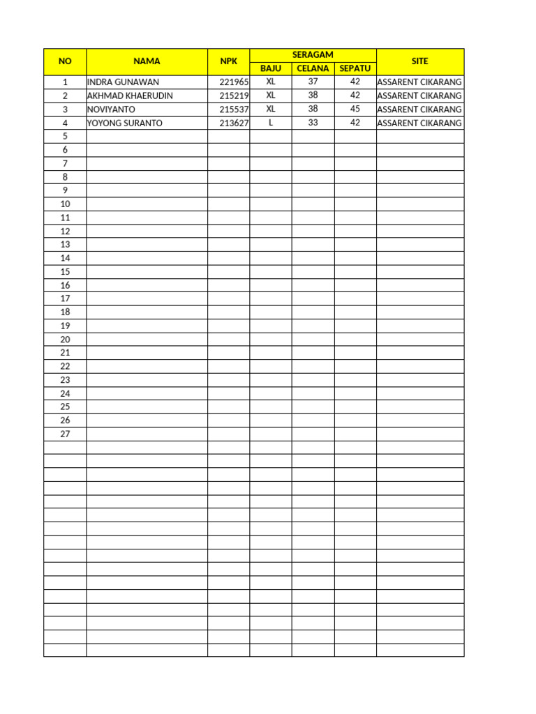 Ukuran Seragam Assarent | PDF