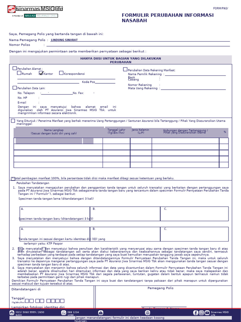Formulir Perubahan Data Nasabah Asuransi | PDF