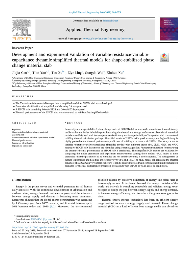 Applied Thermal Engineering: Jiajia Gao, Tian Yan, Tao Xu, Ziye Ling ...