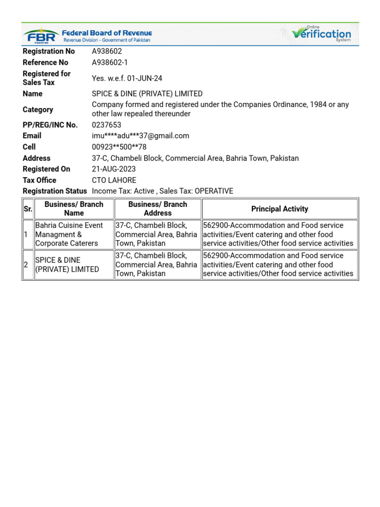FBR Document Verification for SPICE & DINE | PDF