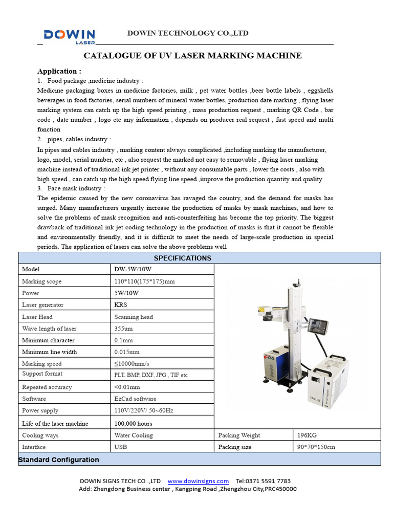 DOWIN Laser Flying UV Laser Marking Machine Catalogue | PDF