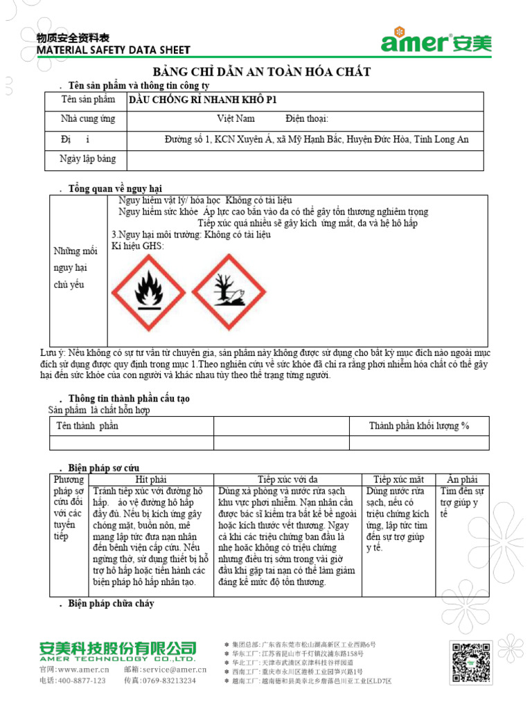 MSDS Dau Chong Ri Nhanh Kho Amer P1 | PDF