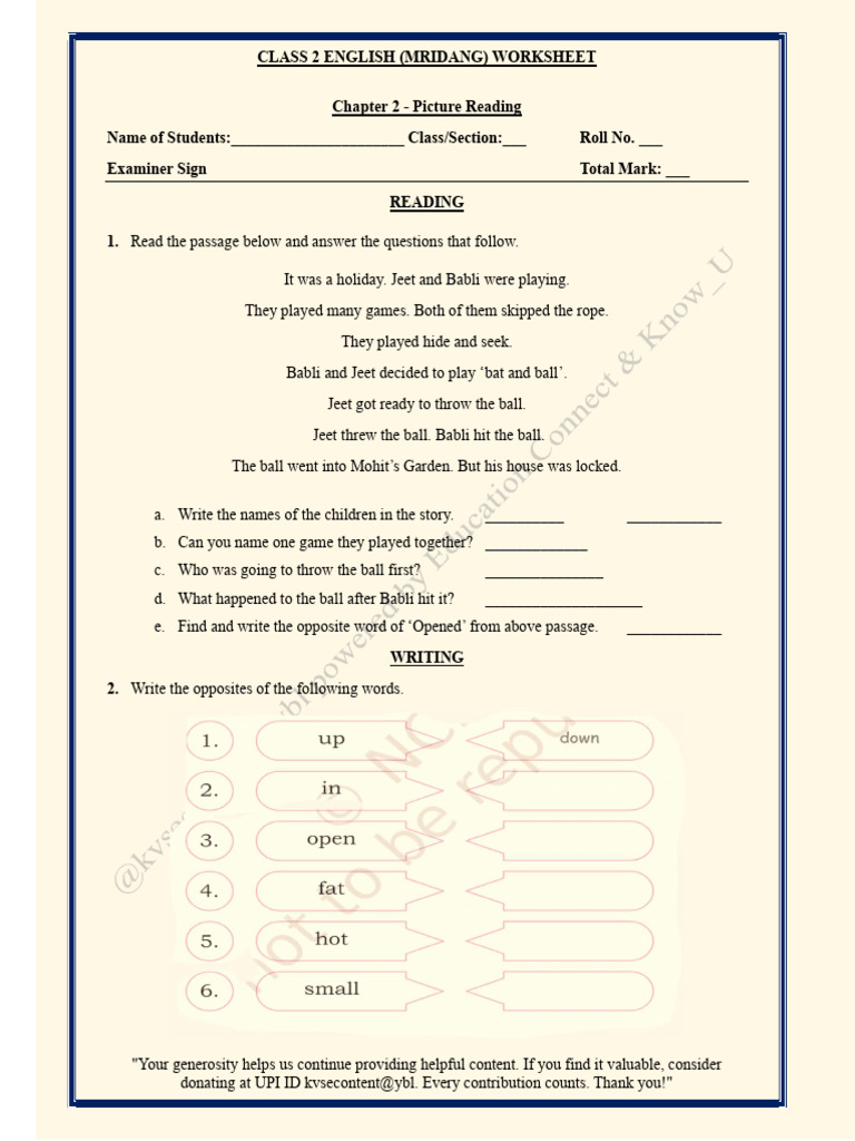 Class 2 English Mridang Worksheet | PDF