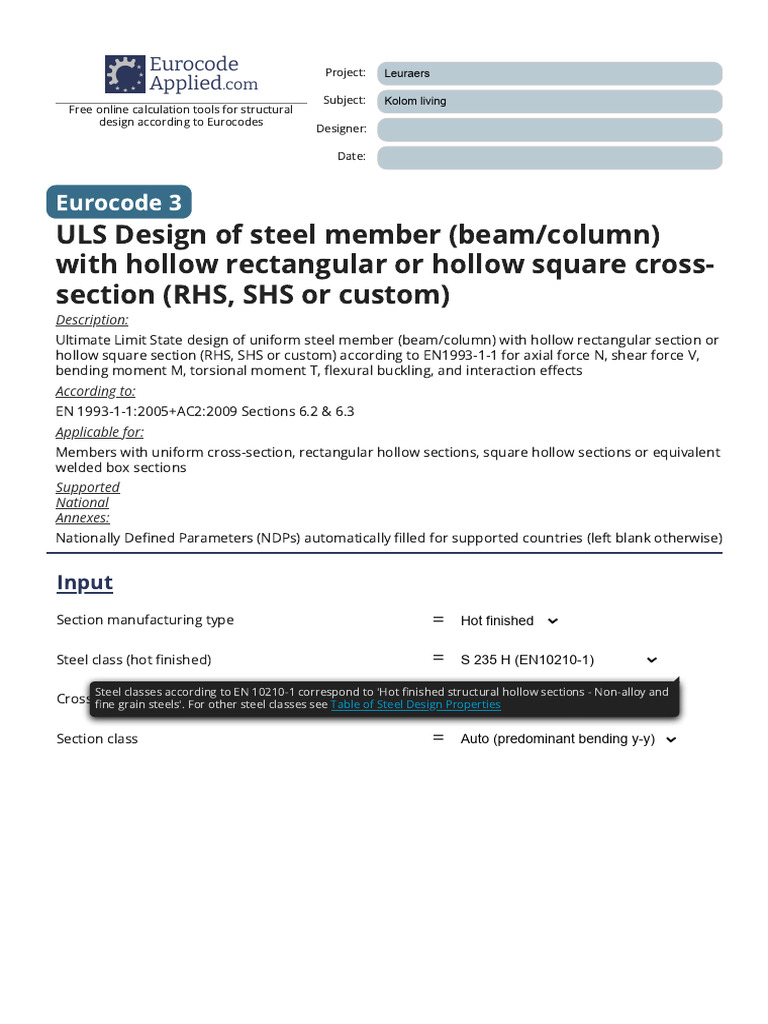 ULS Design of Steel Hollow Beam - Column (RHS, SHS) 120-8 - Eurocode 3 ...