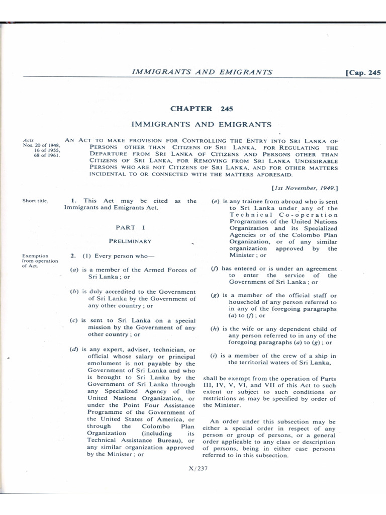 Immigrants and Emigrants Act | PDF