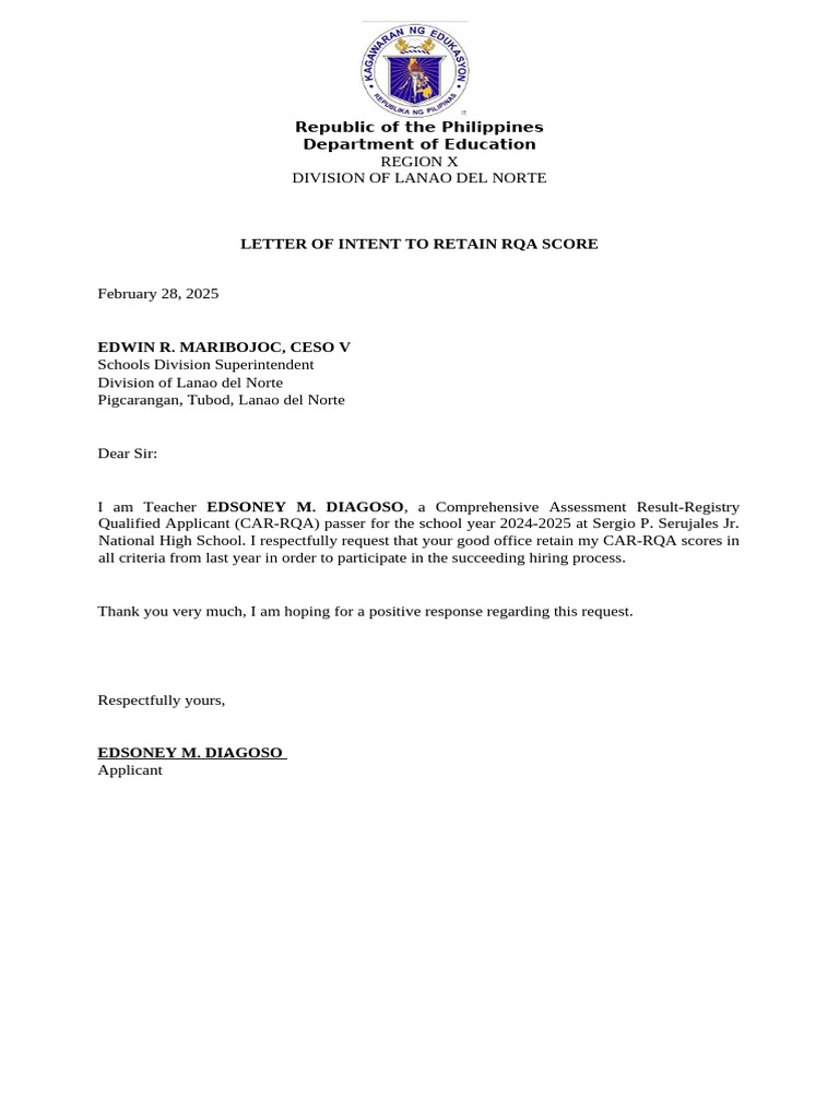 Intent Letter Diagoso Retain RQA | PDF