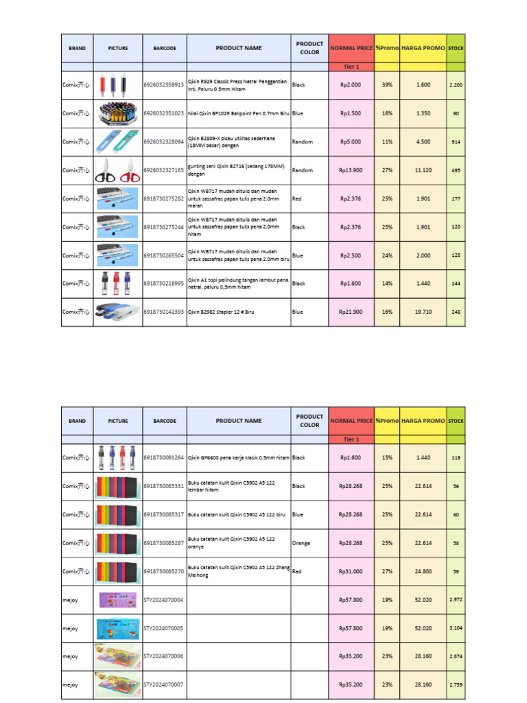 Comix & Mejoy Stationery Products List | PDF