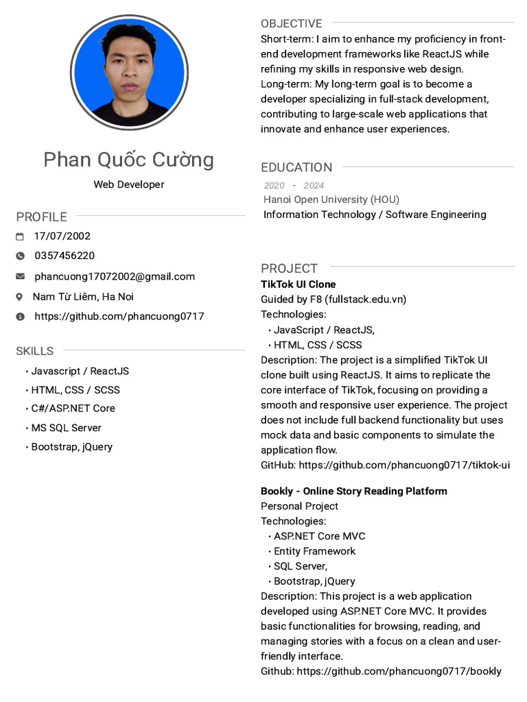 CV_PhanQuocCuong_TTS_ReactJS | PDF | J Query | Bootstrap (Front End Framework)