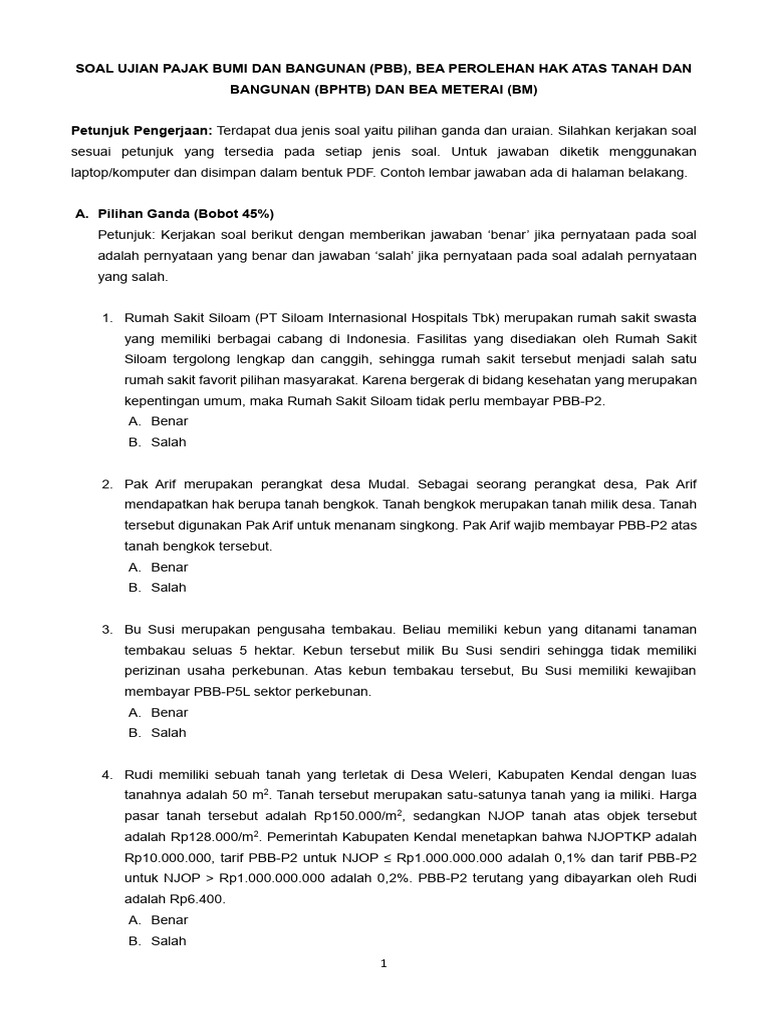 Soal Ujian PBB, BPHTB Dan Bea Materai | PDF