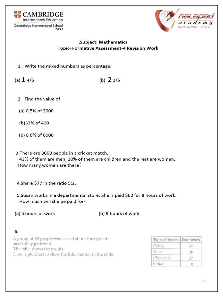 ,subject: Mathematics Topic-Formative Assessment-4 Revision Work | PDF