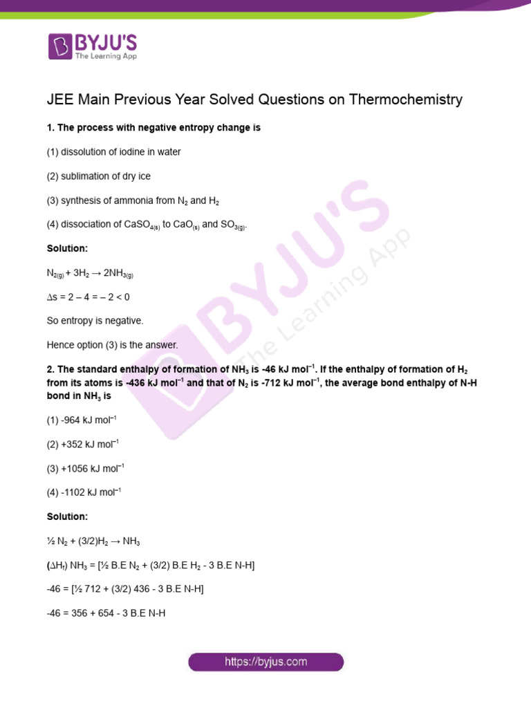 JEE Main Previous Year Solved Questions On Thermochemistry | PDF | Enthalpy | Entropy