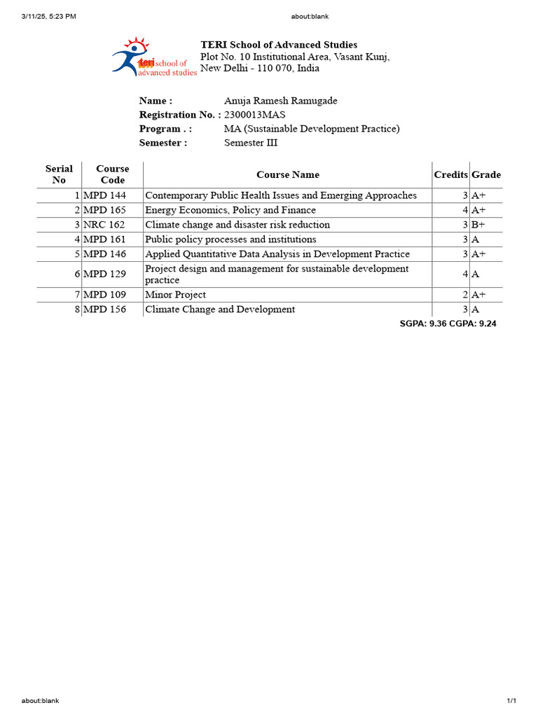 Sem 3 Grade Sheet | PDF