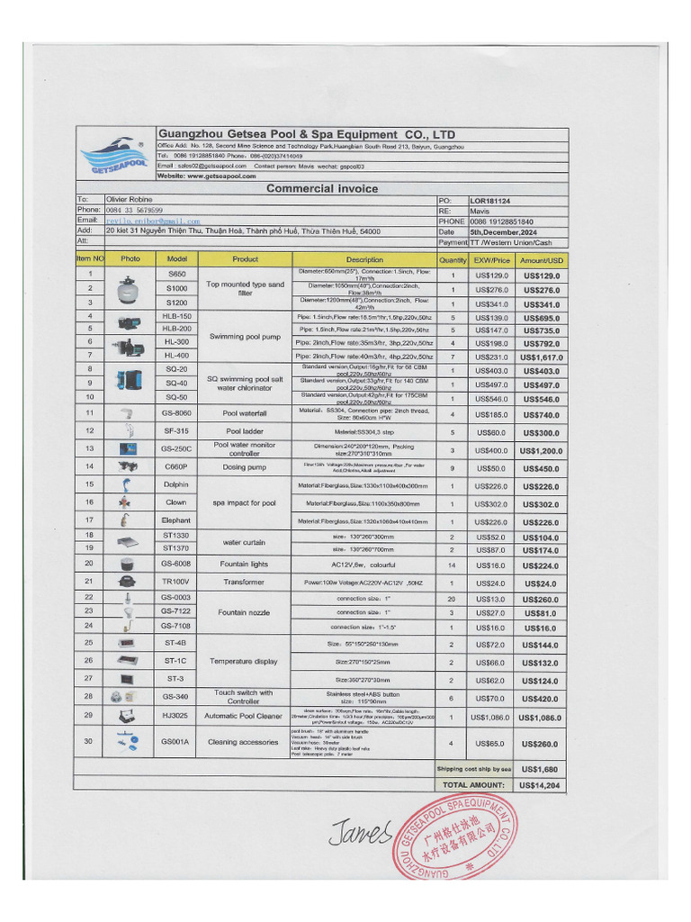 Commercial Invoice-Swimming Pool Equipment - by Mavis-Getseapool | PDF