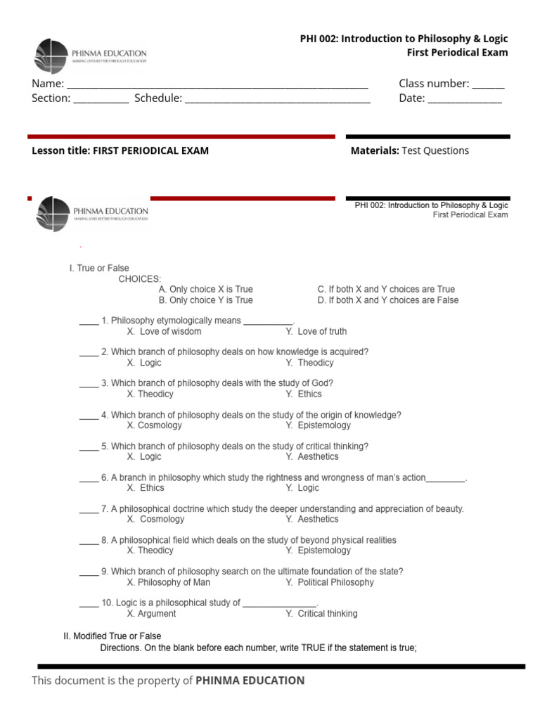 PHI 002 Philosophy & Logic Exam Guide | PDF | Truth | Logic