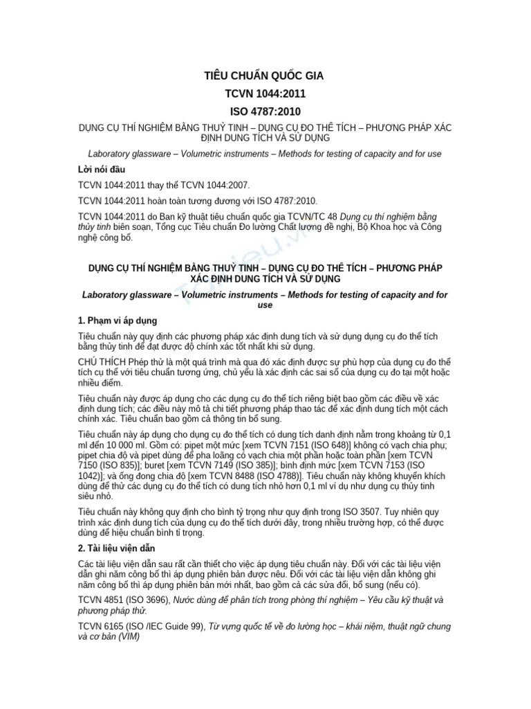 TCVN 1044-2011 Dung Cu Thi Nghiem Bang Thuy Tinh, Dung Cu Do The Tich - Phuong Phap Xac Dinh ...