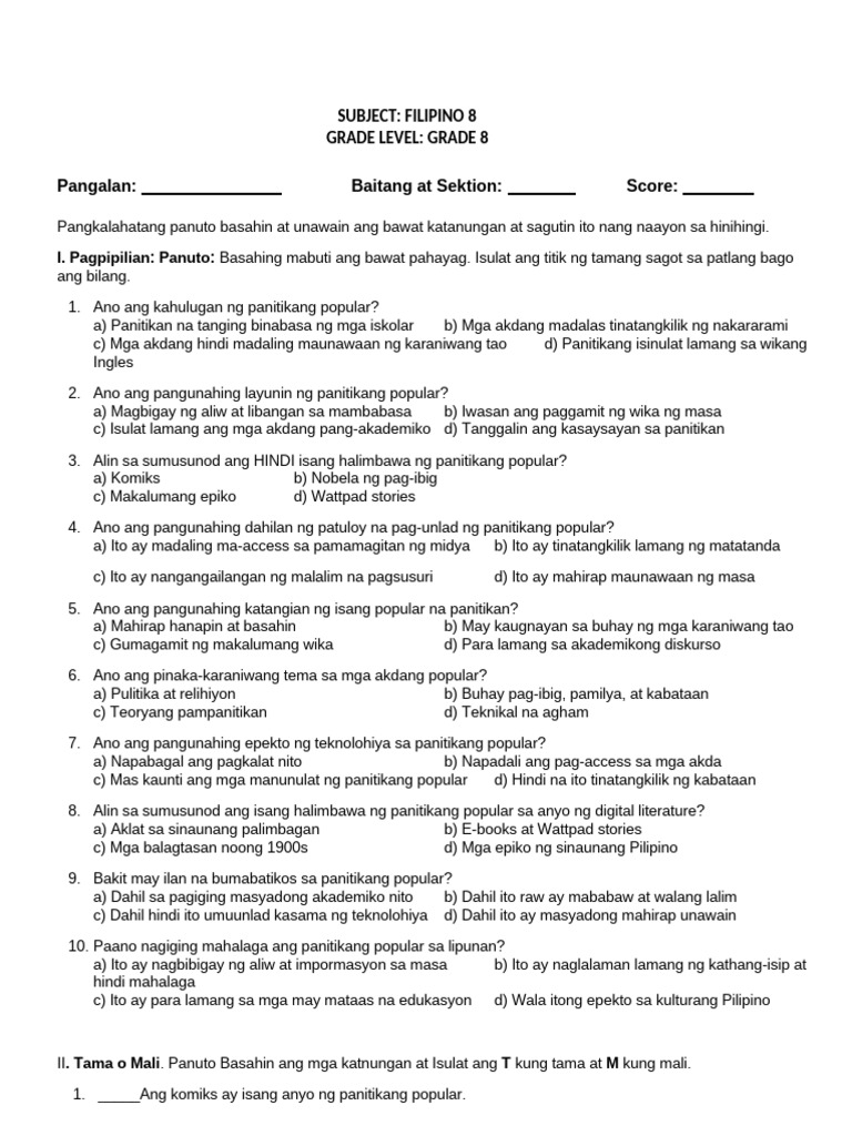 Pangatlong-Makahan-Pagsusulit-Sa Filipino-8-EXAM | PDF