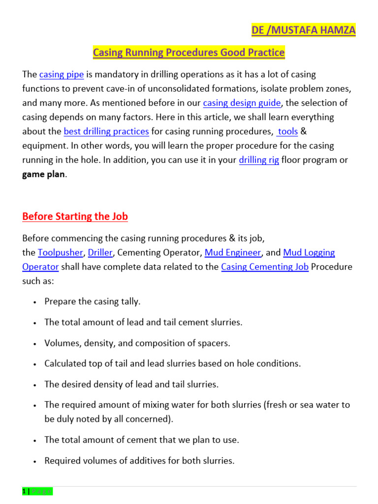 Casing Running Procedures Guide | PDF | Casing (Borehole)