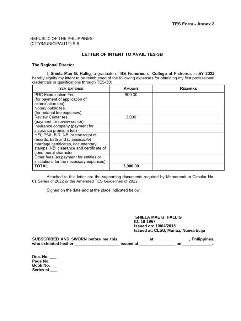 Annex 3 Letter of Availment For TES-3B | PDF