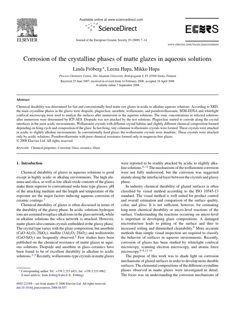 Corrosion of The Crystalline Phases of Matte Glazes in Aqueous ...