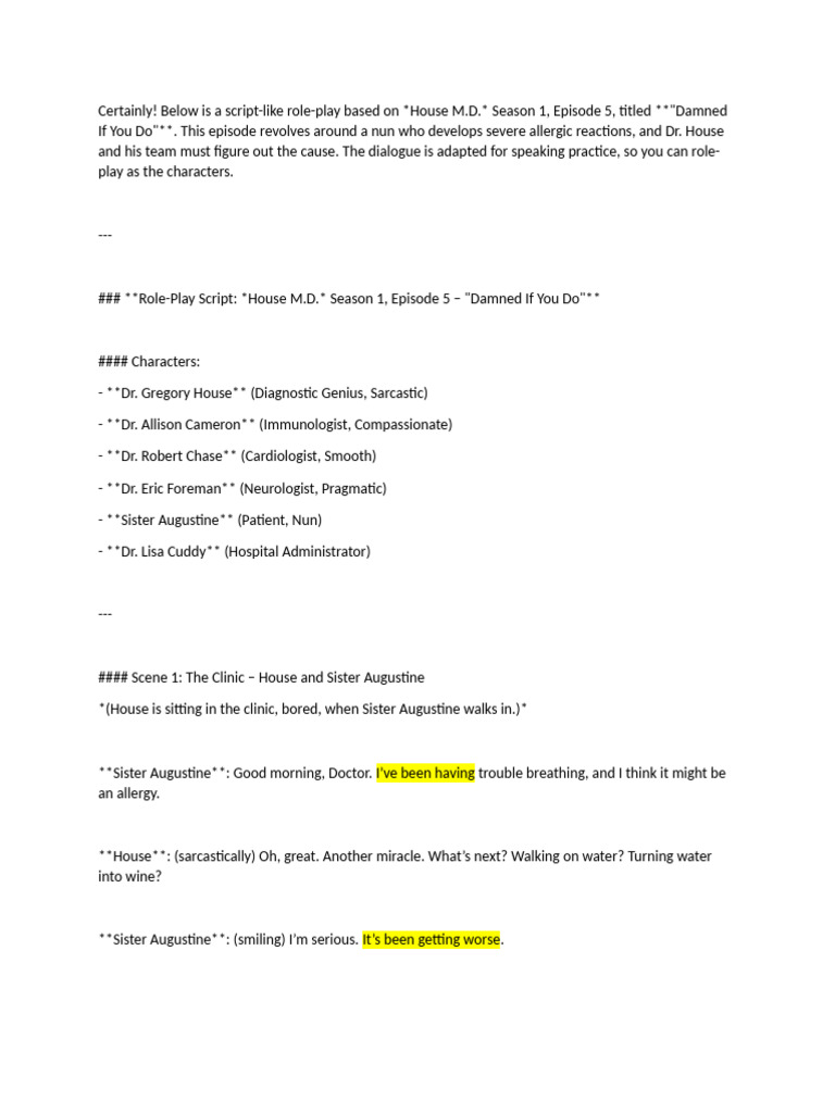 House M.D. Role-Play: Episode 5 Script | PDF | Allergen | Immunology