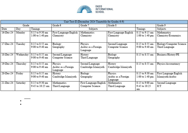 OIS Exam Timetable UT-2 Gr6-9 2024-25 | PDF