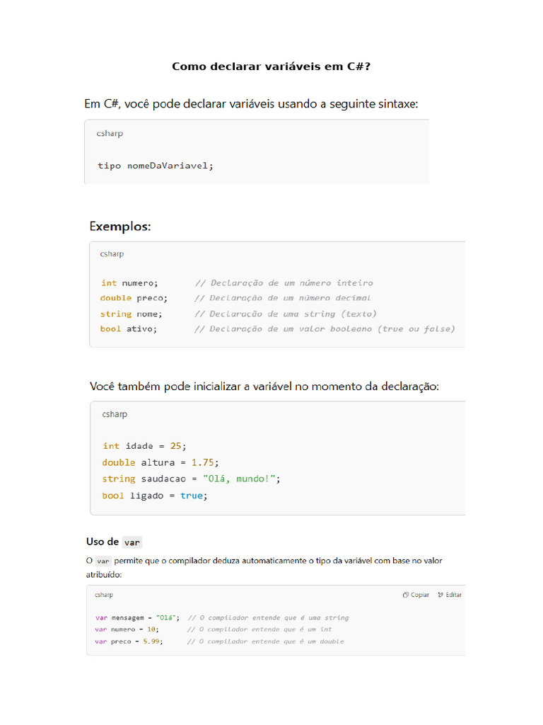 Como Declarar Variáveis em C | PDF