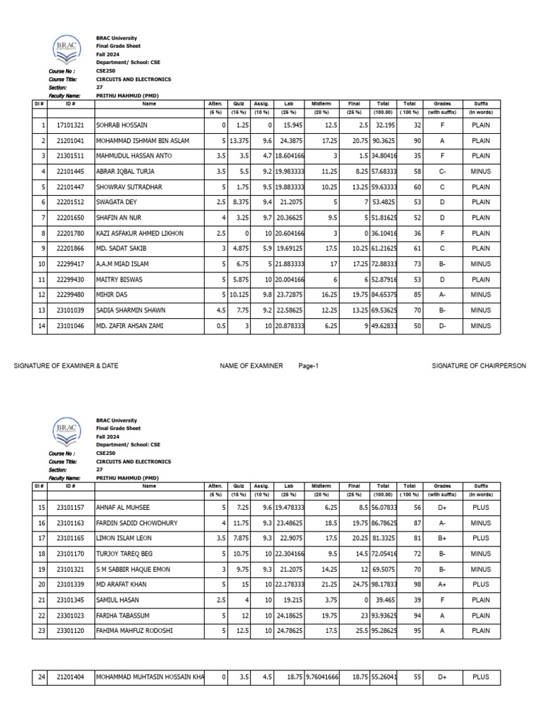 CSE250-27 Final Gradesheet Fall 2024 - PMD | PDF