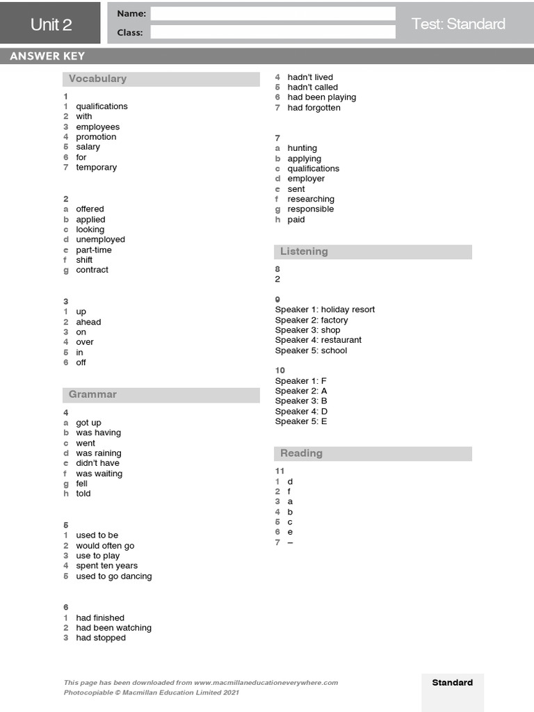 Level5 U2 Test Standard Answer Key | PDF