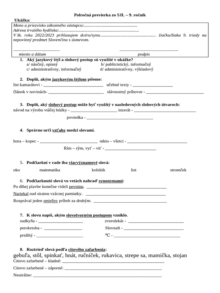 Polročná Previerka SJL 9 | PDF