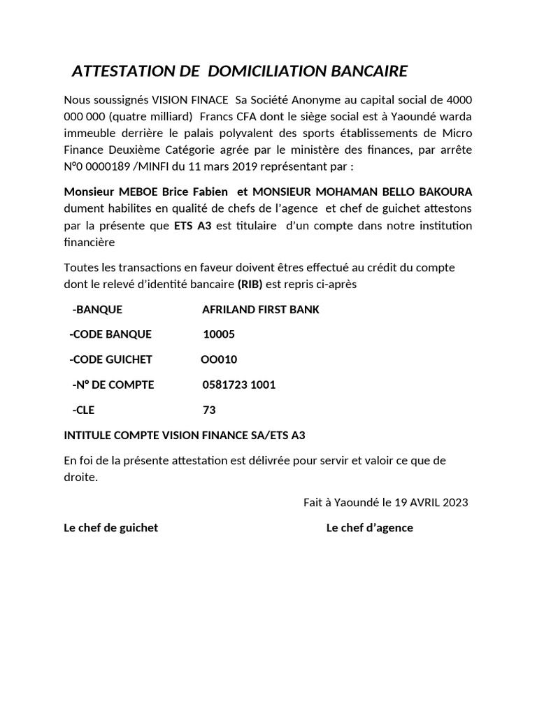 Attestation de Domiciliation Bancaire | PDF