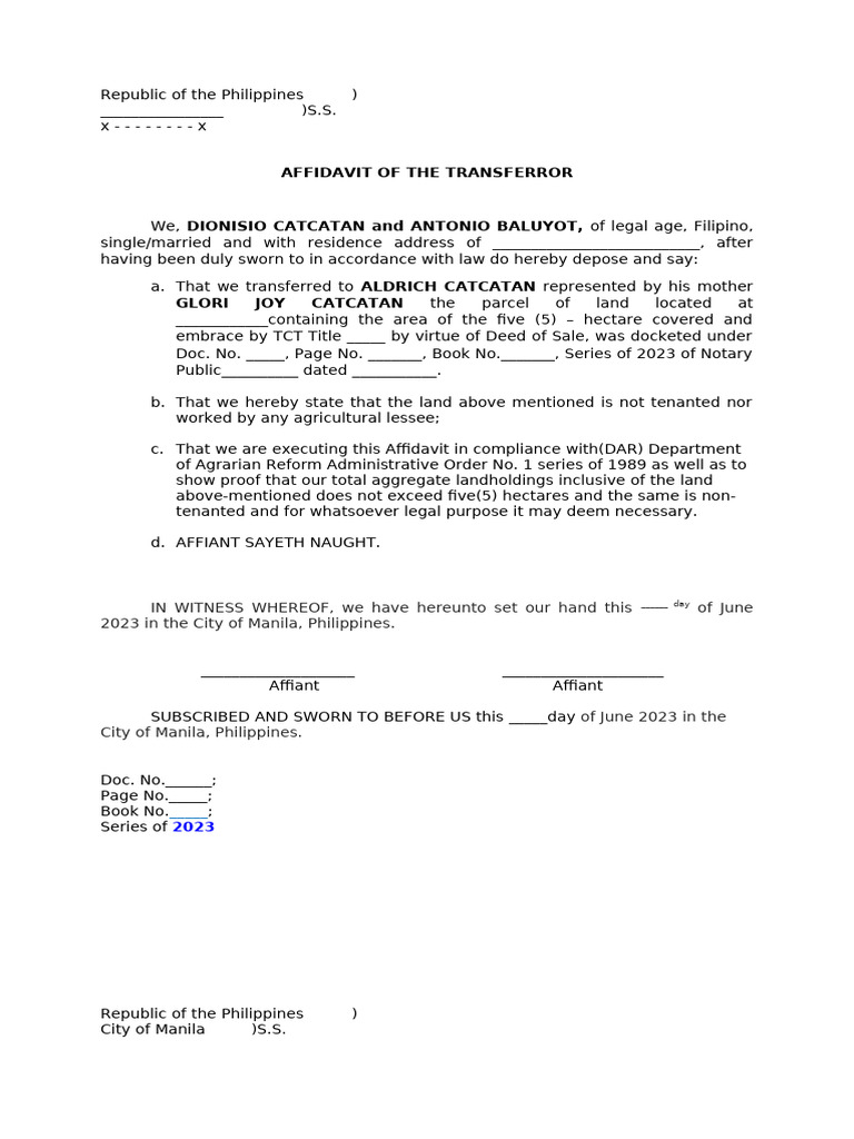 Affidavit of the transferror | PDF | Affidavit | Legal Procedure