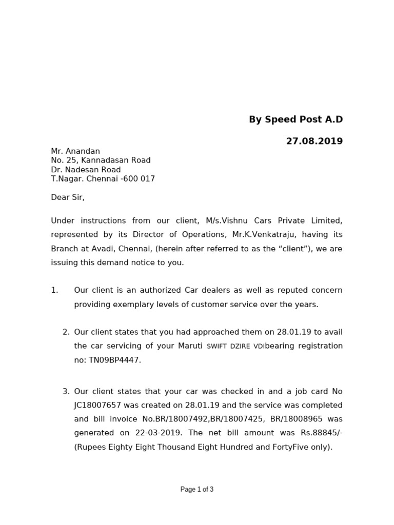 Demand Notice for Unpaid Car Service Fees | PDF